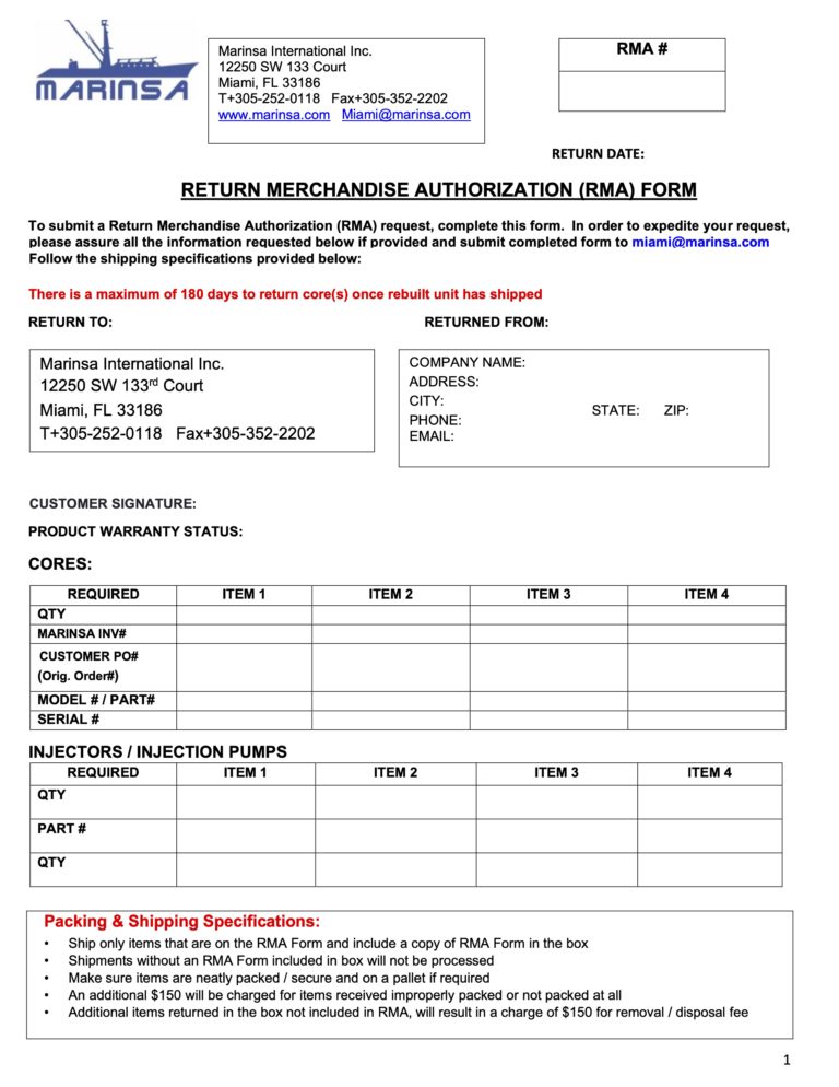 RMA Form | Marinsa International