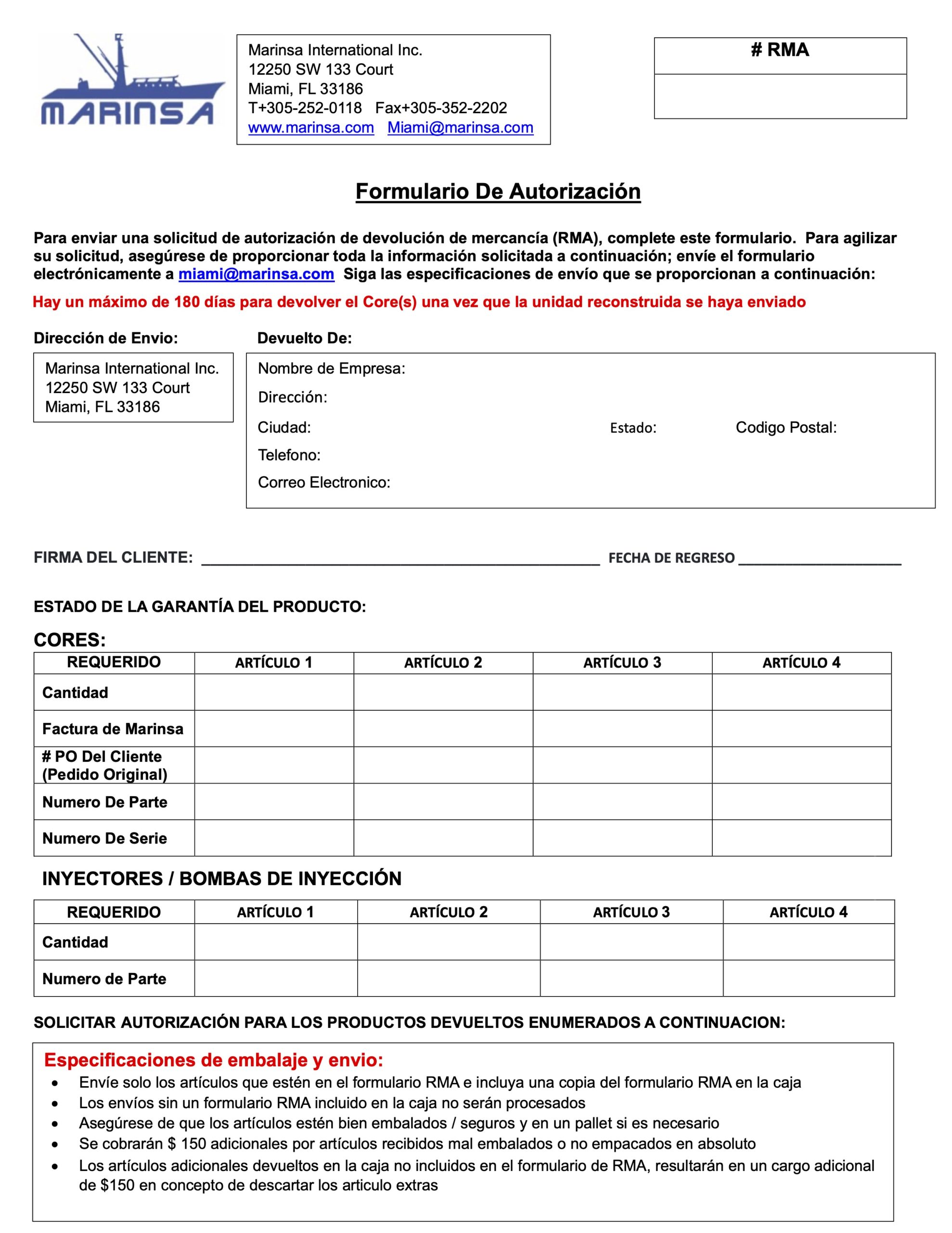 Formulario RMA | Marinsa International